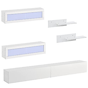 Merax Wall Mount Floating TV Stand with Four Media Storage Cabinets and Two Shelves, Modern High Gloss Entertainment Center for 95+ Inch Television, 16-Color RGB LED Lights for Living Room, White