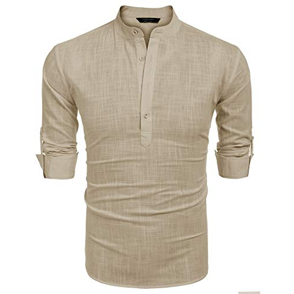 COOFANDY Mens Cotton Linen Henley Hippie Casual Beach T Shirt, Khaki, Medium, Long Sleeve