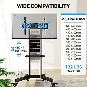 Mobile TV Cart with Wheels for 32-85 Inch Flat Curved Screen TVs- UL Certificated Height Adjustable Rolling TV Stand Hold Up to 132 lbs- Trolley Floor Stand with Tray Max VESA 600x400mm PSTVMC01