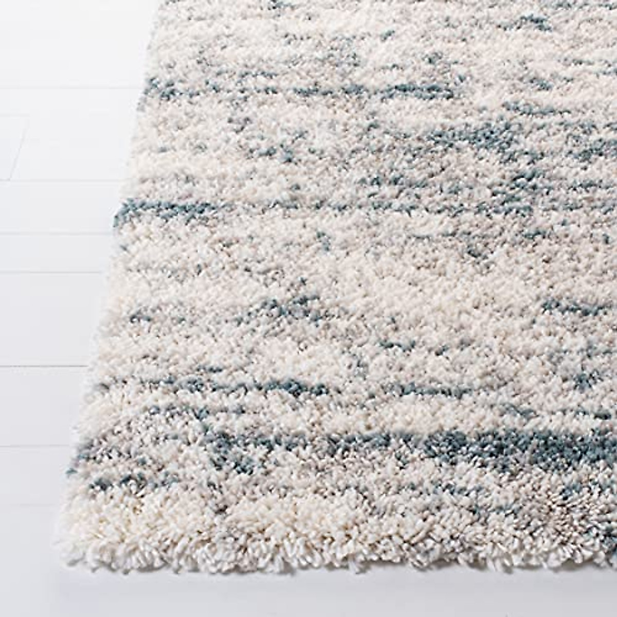 SAFAVIEH Fontana Shag Collection 6'7" x 9' Ivory / Teal FNT873A Modern Non-Shedding Living Room Bedroom Dining Room Entryway Plush 2-inch Thick Area Rug