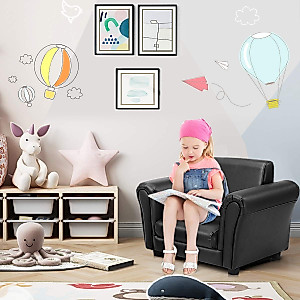 HONEY JOY Kids Couch with Ottoman, Child Size Sofa with Roundy Footstool, PU Leather, Anti-Slip Pad, Mini Toddler Toy Story Chair for Playroom Furniture (Black)
