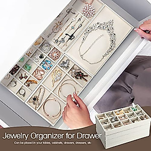 16 Pcs Small Stackable Jewelry Organizer Trays for Drawers, 8.3x5x1 Inch Small Velvet Jewelry Closet Dresser Inserts Divider Rings Earring Storage Display Gift for Women Girl Wedding Birthday (Beige)
