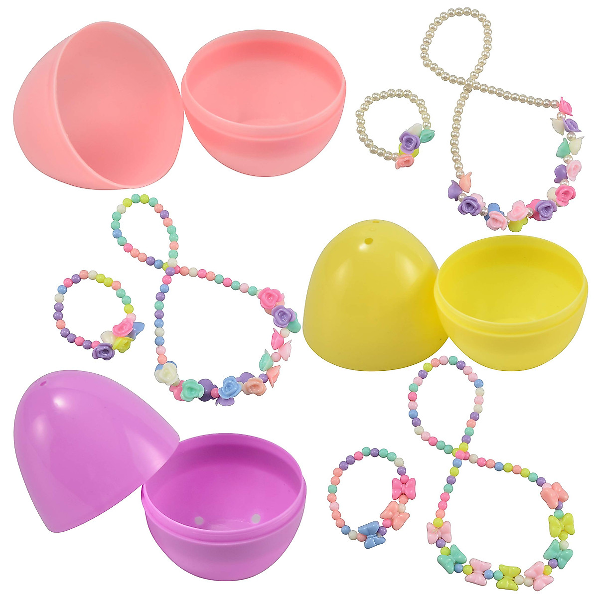 JOYIN 12 Pack Prefilled Easter Eggs with 12 Different Designs of Necklaces and 12 Bracelets Girls Jewelry Set for Girls Easter Party Favor Easter Basket Stuffer Classroom Exchange and Prize Supplies