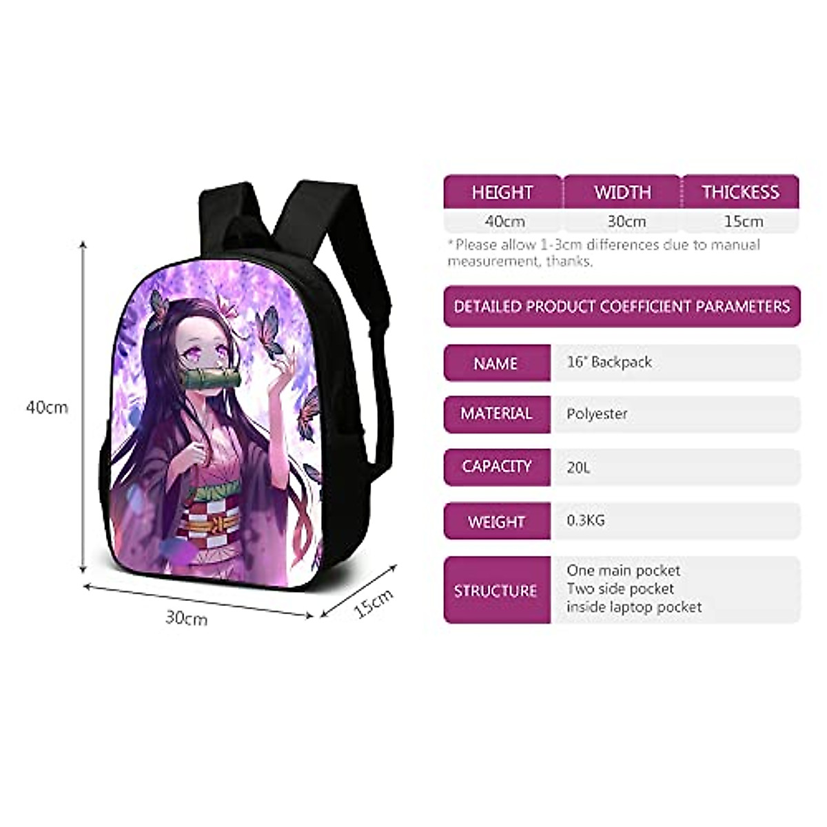 Konbeases Anime Demon Slayer Backpack 3 PCS Set, 3D Print Bookbag, Schoolbag for Teen Girls Boys Fans-Nezuko E