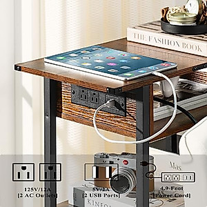 Lerliuo Side Table with Charging Station，Narrow End Table with USB Ports and Outlets,Brown Skinny Nightstand with Open Storage Shelf for Small Space，Slim Sofa Bedside Table for Living Room Bedroom