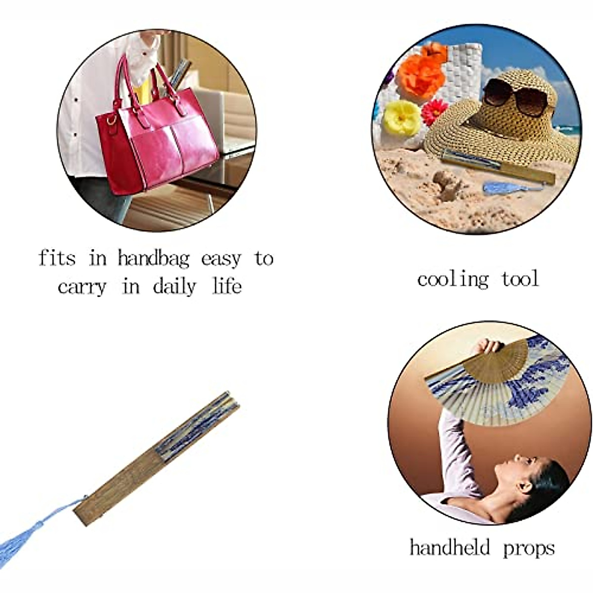 Hand Fan Pocket Fan Tassel Folding Fan Retro Bamboo Handle Fan Summer Party Dancing Wedding Vintage Style