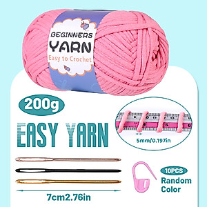 200g/7Oz Yarn for Crocheting, Crochets Yarn, Easy Yarns for Beginners with Easy-to-See Stitches, Stitch Marker, Big Eye Blunt Needle, Beginner Yarns for Crocheting (Pink)