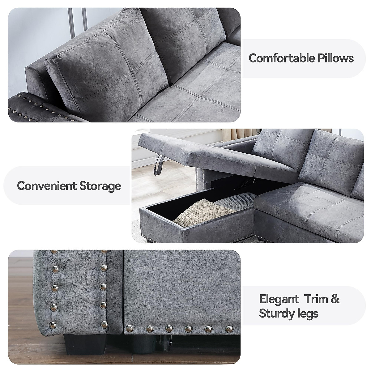 Morden Fort Sectional Sleeper Sofa with Pull Out Bed Storage, Queen Size 91 inches Sofa Bed, L-Shape Sectional Couch with Comfy Chaise Seat Sectional Sleeper Couch for Living Room, Velvet Grey