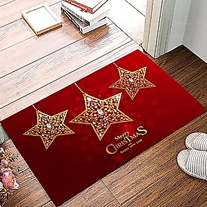 Welcome Bath Mat, Merry Chrismas Stars Red Non Slip Entrance Indoor Funny Rugs, Diamonds Bathroom 32x20In
