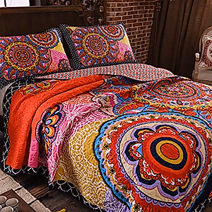LAMEJOR Quilt Set Queen Size Boho 3-Piece Bedspread Coverlet Set Lightweight Mandala Pattern Reversible Microfiber Multicolor