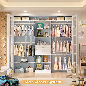 Besiost Closet System - 4.75-8FT Closet Organizer System with Wooden Drawers & Cube Storage Organizer, Up To 96" Closet Systems for Nursery & Walk-In Closets with Cuttable Hanging Shelving, White