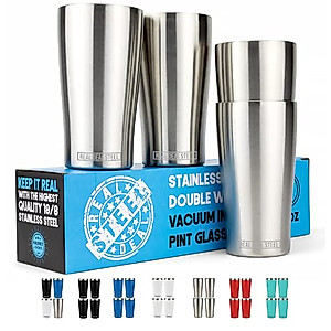 Real Deal Steel Pint Glasses - Stainless Steel Beer Tumblers - Set of 4 Insulated Cups for Outdoors
