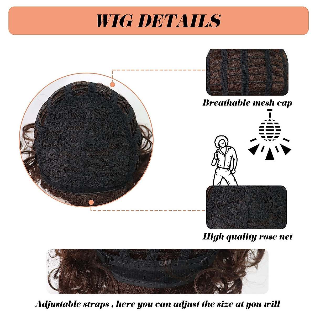 ANOGOL+Wig Cap+Mustache+Necklace+Glasses 5Pcs Afro Wig for Men Short Brown Curly Wig Disco Wigs 70'S Wig for Men 80'S Costumes for Men Disco Wig Jerry Curly Afro Wig Rocker Costume Wig Halloween Party