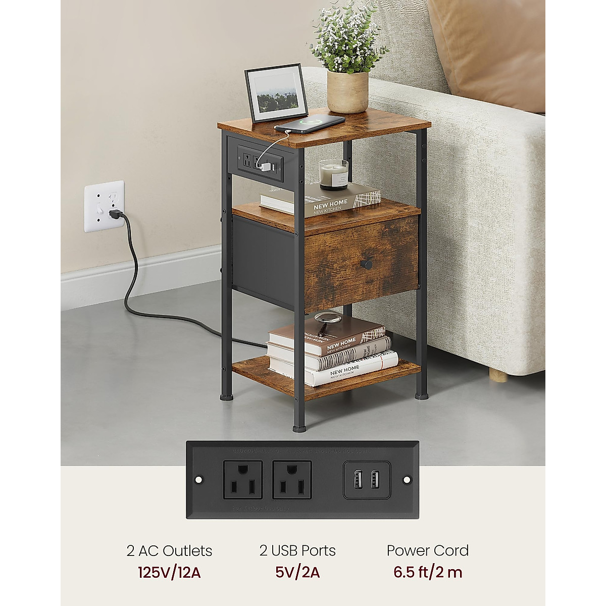 VASAGLE Nightstand with Charging Station, Night Stand, Side Table with 1 Drawer and 2 Open Shelves, Fabric Drawers with MDF Front, End Table, Rustic Brown and Classic Black ULGS026K01