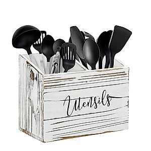 Wood Utensil Caddy for Kitchen Countertop, Utensil Holder with 2 Compartments, Wood utensil Crock for Kitchen Counter, Kitchen Utensil Organizer for Countertop, Rustic White