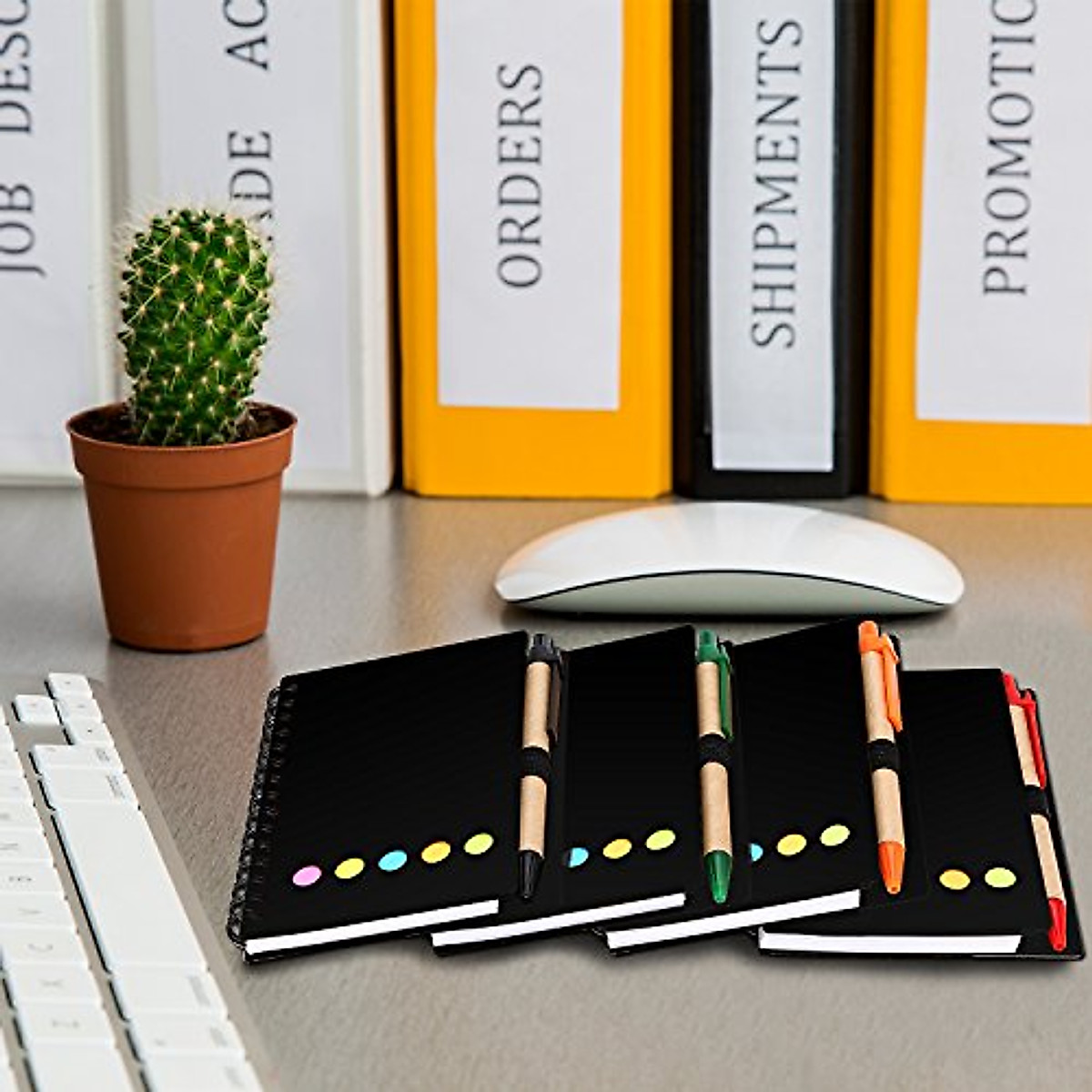 TOODOO 4 Packs 4.5 by 5.5 inch Spiral Notebook Lined Notepad with Pen in Holder and Sticky Notes, Page Marker Colored Index Tabs Flags (Black Cover)