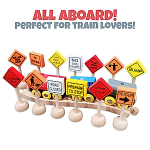 Attatoy Toy Wooden Road Construction Traffic Sign Set; Street Signs Small Toy Cars and Other Diecast Vehicles & Wood Cars & Toys