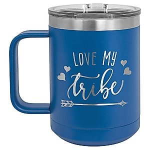LOVE MY TRIBE Blue 15 oz Coffee Cup w/Slide Top Lid | Insulated Travel Coffee Mug | Birthday Or Christmas Gift Ideas From Women or Men | Compare To Yeti Rambler | ONLYGIFTS.COM