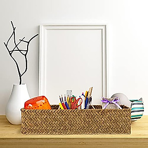 YARNOW Woven Shelf Baskets Storage Baskets Seagrass Wicker Baskets Makeup Holder Organizer Divided Storage Bins Box Container Sundries Organizer Cosmetic Storage Box for Bedrooms Home