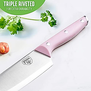 GreenLife High Carbon Stainless Steel 3 Piece Knife Set with Covers, Includes Chef Utility and Pairing, Comfort Grip Handles,Triple Rivet Cutlery, Soft Pink