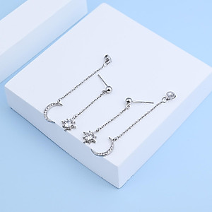 925 Sterling Silver Moon Star Earrings for Women Crescent Dangle with Cubic Zirconia Celestial Jewelry for Wedding