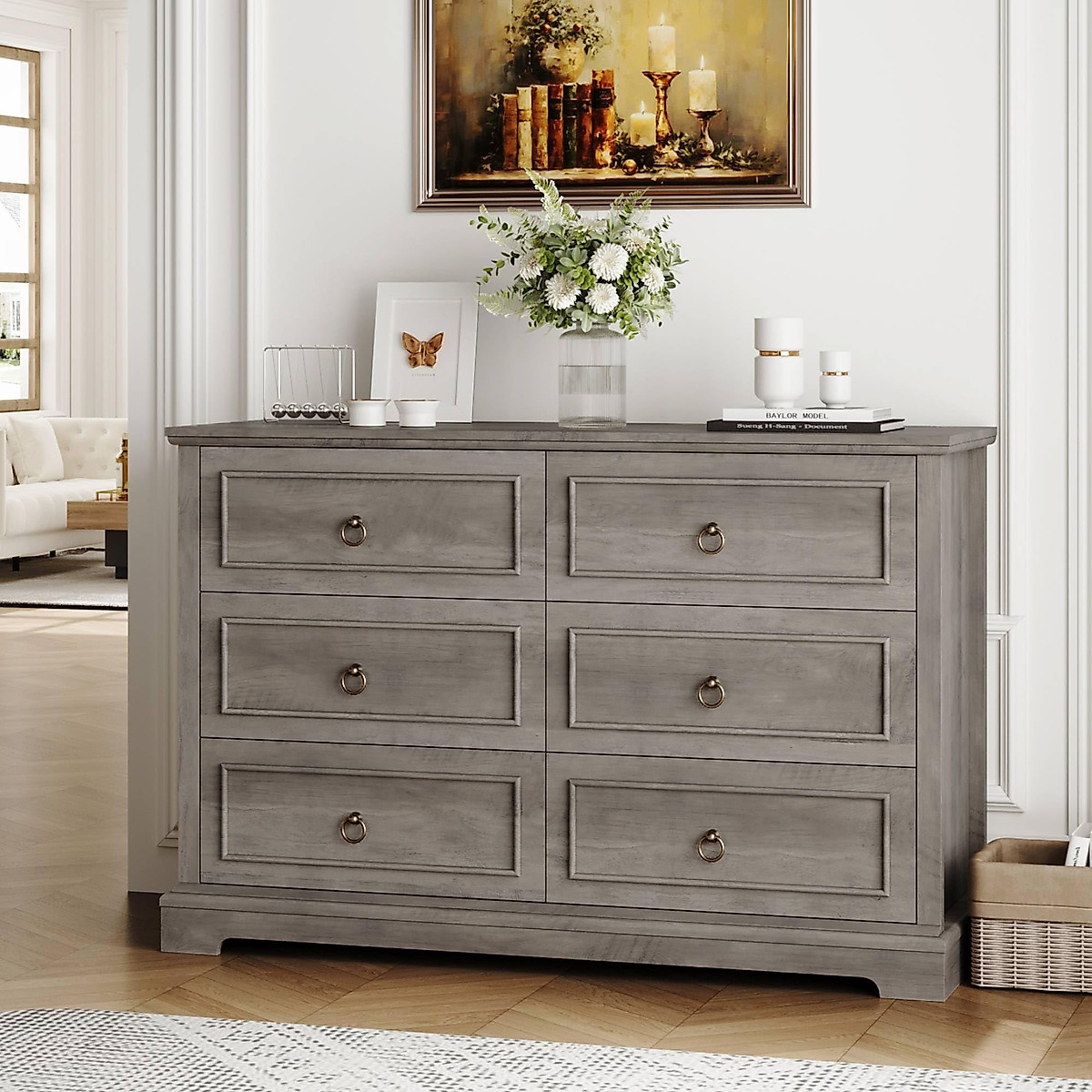 HOSTACK 6 Drawer Double Dresser, Modern Farmhouse Chest of Drawers, Wide Dressers Organizer, Accent Wood Storage Cabinet for Living Room, Hallway, Ash Grey
