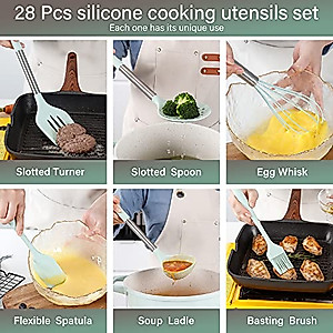 QMVESS Silicone Kitchen Utensil Set, 28 Pcs Non-Stick Cooking Utensils Set with Holder, Tongs, Spatula, Whisk, Measuring Cups and Spoons Set with Stainless Steel Handle Kitchen Gadgets (Light Green)