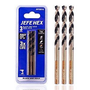 1/4" High Speed Steel Black & Gold Coated Drill Bit, Jobber Length with 3-Flat Shank, 135 Degree Split Point. Ideal for Steel, Wood and Plastics. Suitable for DIY & General Purpose Usage. (3 pcs)