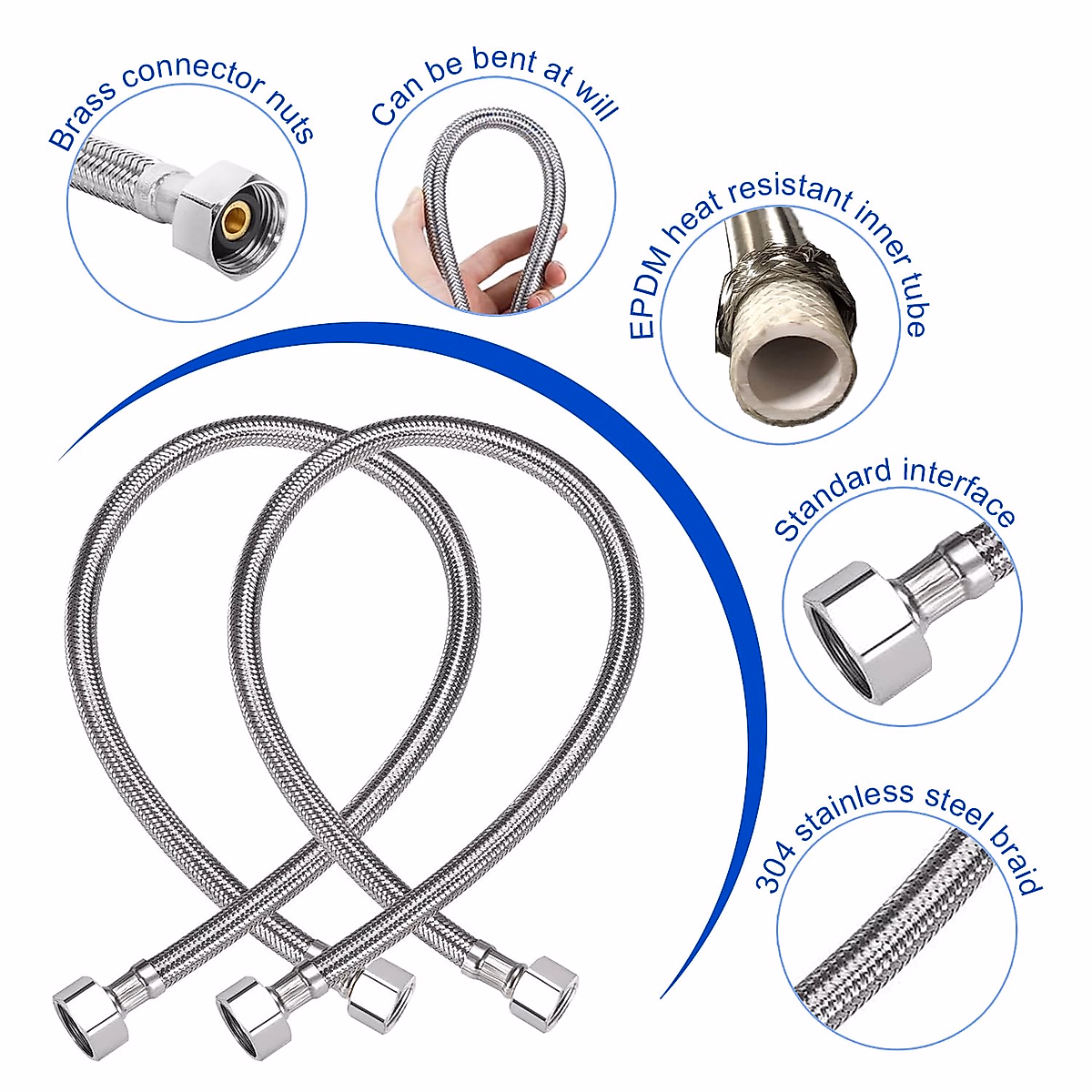 Universal Flexible Faucet Hose Connector, 12-Inch x 3/8" Comp x 1/2" FIP, Premium Braided Stainless Steel Faucet Water Supply Line for Kitchen Bathroom Sink Faucet (2-Pack)