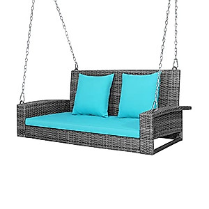 UIIAIOUIAIO 2-Person Wicker Hanging Porch Swing Bench, Front Porch Swing Outdoor Chair with Cushions 800lbs Weight Capacity for Backyard, Garden (Turquoise)