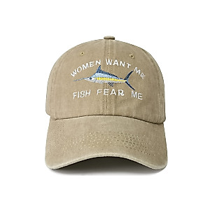 Enodtter Women Want Me Fish Fear Me Hat Embroidered, Khaki Embroidery Baseball Caps for Men, Adjustable Snapback Trucker Hat Outdoor Dad Hats