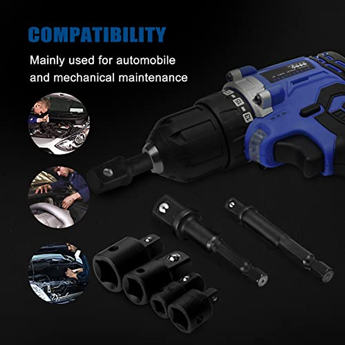 7 Pieces Set Impact Drill Socket Adapter, 1/4"3/8"1/2" Hex Shank Adapter Reducer with Extension Set Impact Driver Conversions, Active Rust Protection By Black-Phosphate Coating Treatment