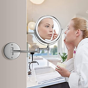 Rocollos Rechargeable Wall Mounted Lighted Makeup Mirror Chrome, 8 Inch Double-Sided LED Vanity Mirror 1X/10X Magnification,3 Color Lights Touch Screen Dimmable 360°Swivel 13 Inch Extendable