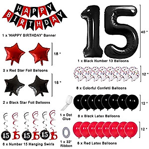15th Birthday Decorations for Girls Boys, Red Black 15th Birthday Party Supplies for 15 Years Old Bady Decor for Teenagers HAPPY BIRTHDAY Banner Spiral Pendants 40 Inch Number 15 Foil Balloons