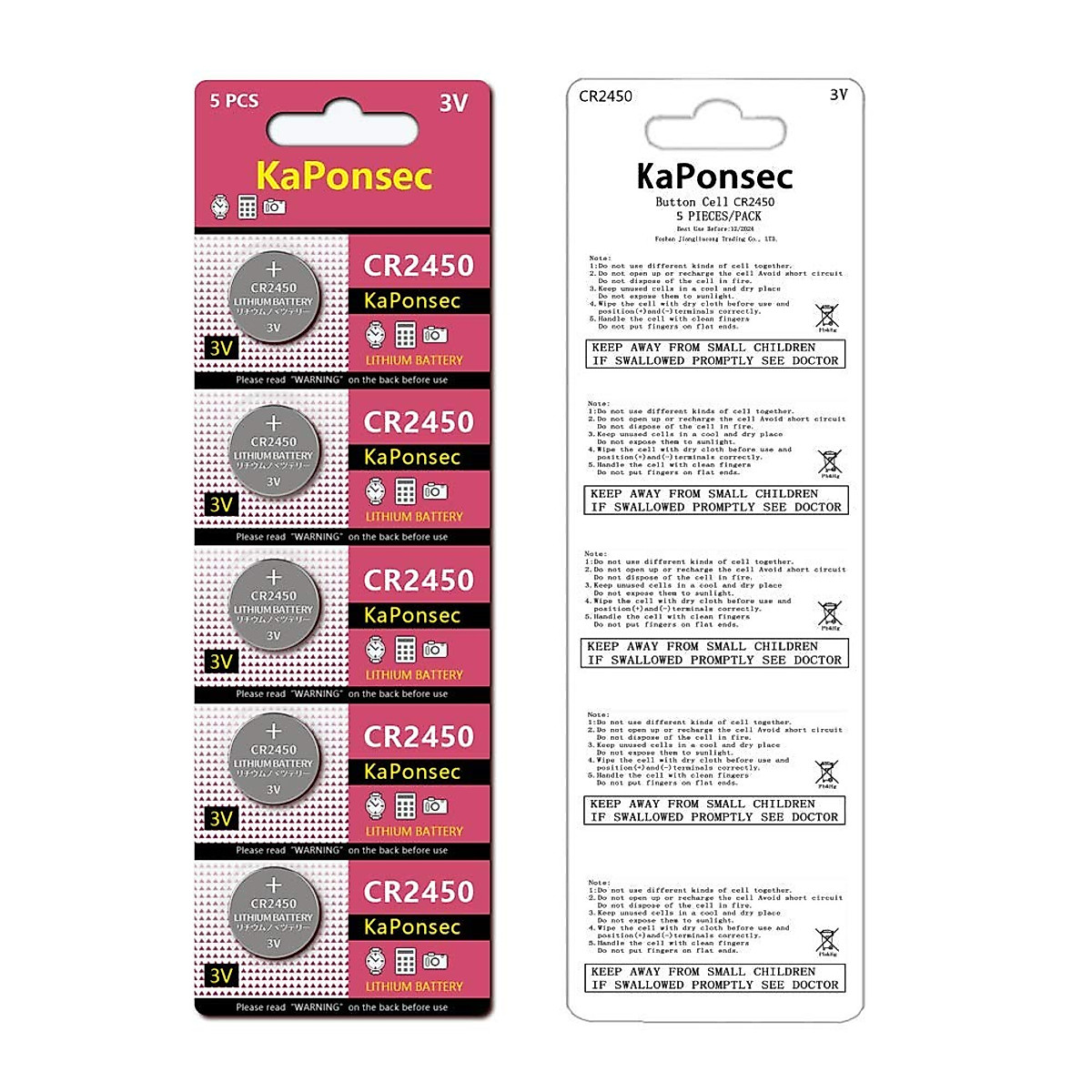 KaPonsec 5PC CR2450 2450 Battery 3V Lithium Battery