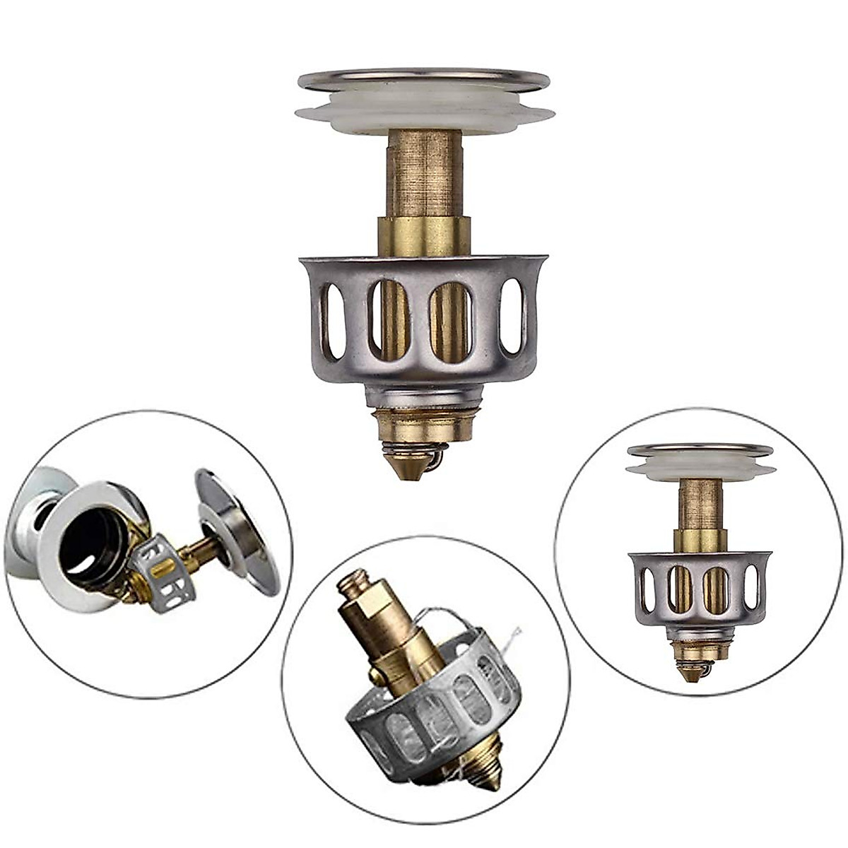 BSTOB Universal Wash Basin Bounce Drain Filter, Sink Drain Stopper Up Bathroom Sink Drain Plug with Basket, Kitchen Bathroom Strainer Sink Drain Stopper