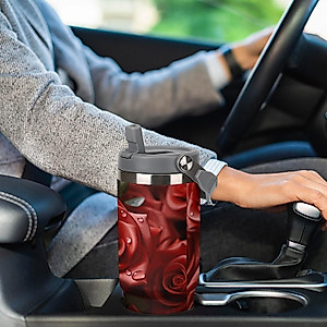 Many Red Roses Tumbler 30oz Large Capacity Car Cup with Handle Fit in Any Car Cup Holder Stainless Steel Leakproof Insulated Coffee Tumblers with Lid And Straw