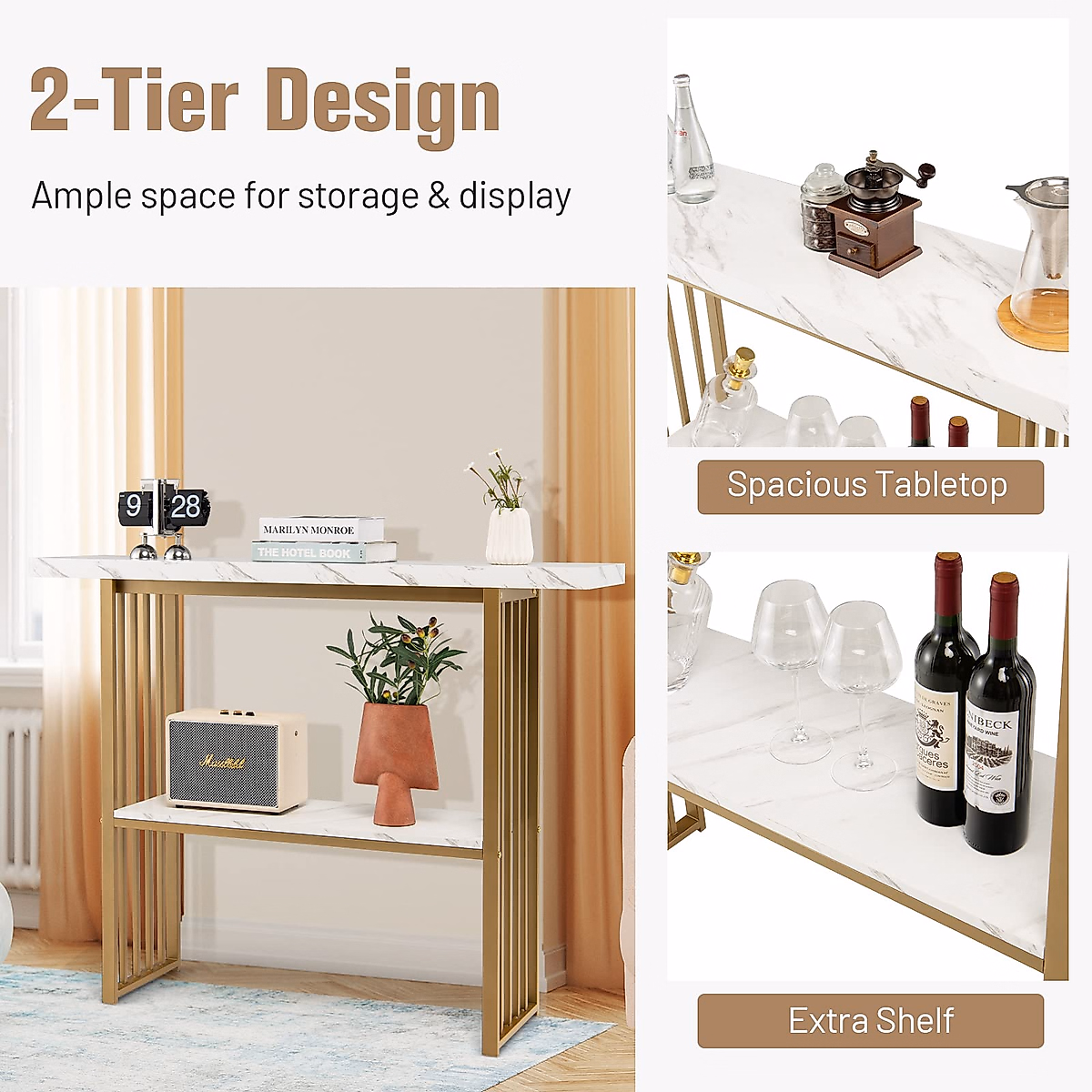 Tangkula 48” Console Table, White Faux Marble Entryway Table with Gold Finished Frame, Modern Deluxe Sofa Table with 2 Tier Storage, Ideal for Living Room, Hallway, Dining Room