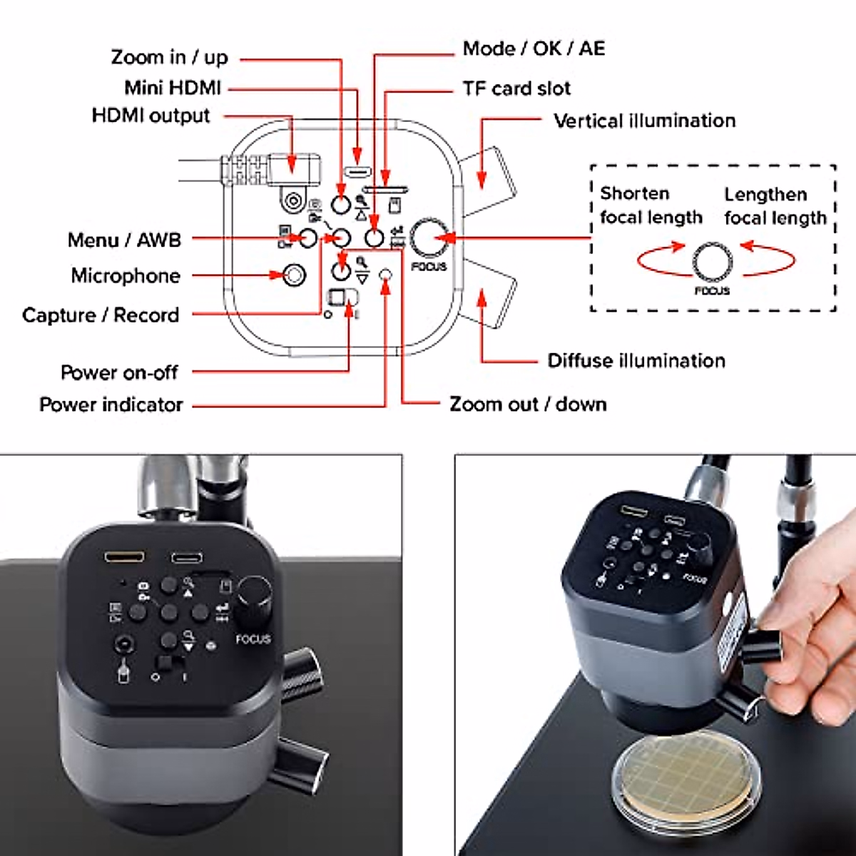 1080p 2MP HDMI Digital Microscope with 11" Articulating Arm