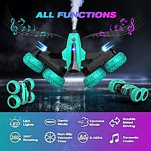 AEROQUEST Remote Control Car - Double Sided RC Stunt Car, 360°Rotating 4WD Off-Road RC Cars with Headlights& Music 2.4Ghz Indoor/Outdoor Rechargeable Toy Car for Boys Age 3-7 8-12 Birthday Xmas Gift