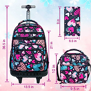 gxtvo 3pcs Rolling Backpack for Women, Adult Roller Bookbag Set with Wheels, Wheeled Shcool Bag for Girls