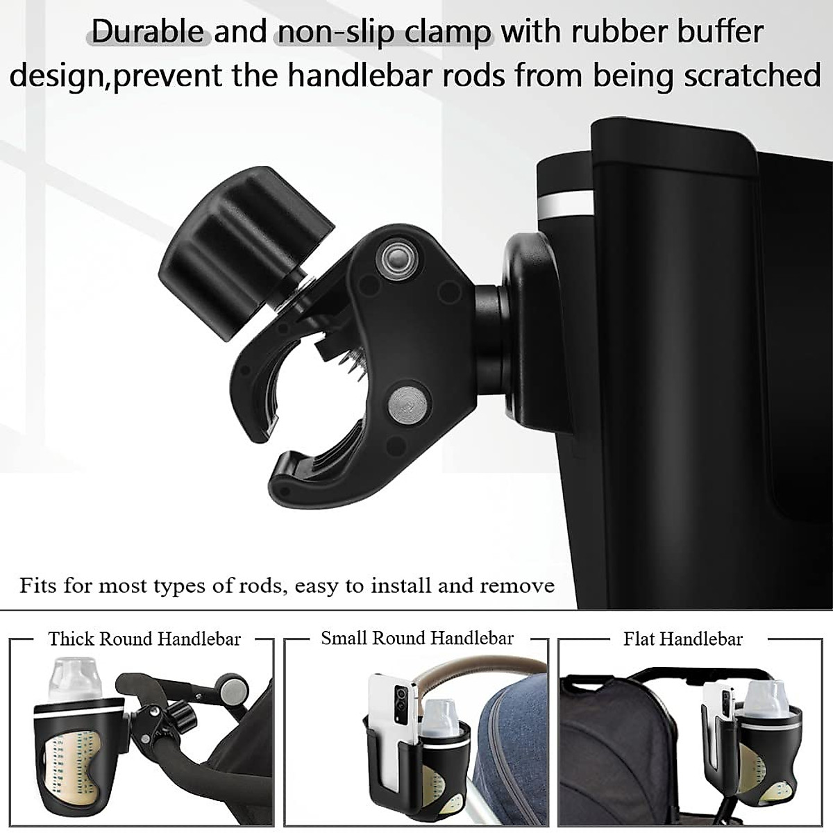 welltop Stroller Cup Holder with Phone Holder, 2 in 1 Bike Cup Holder, Universal Bottle Holder Organizer for Stroller, Bike, Wheelchair, Walker, Scooter (Black)