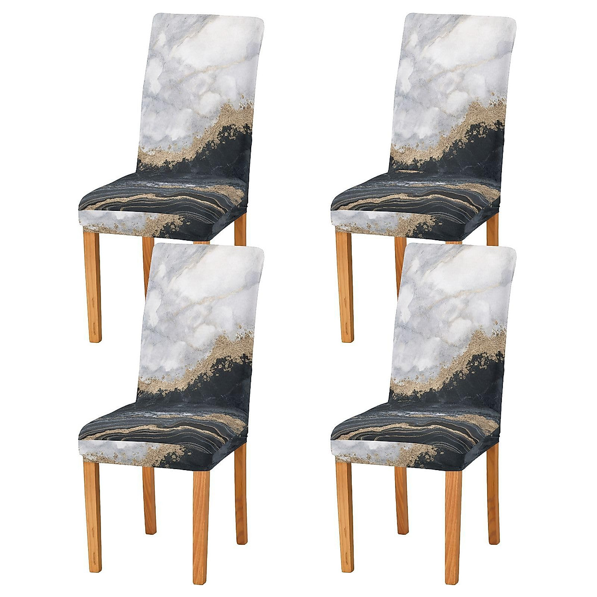 xigua Universal Dining Chair Cover 4-Piece Set, Black White Gold Marble Removable Washable Dining Chair Slipcovers Protective Cover for Home Party Decor