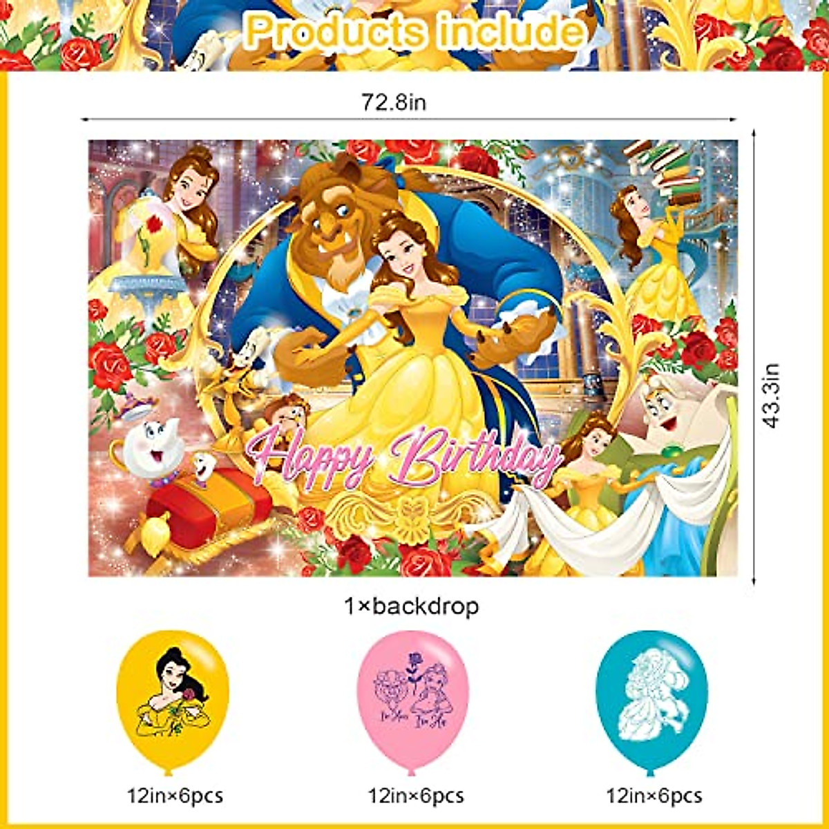 Beauty and The Beast Backdrop Birthday Banner for Princess Belle Birthday Party Supplies Princess Belle Photograph Background Photo Booth 5x3ft