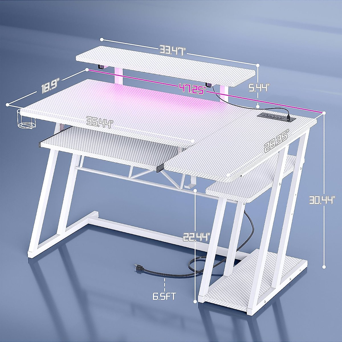 armocity L Shaped Gaming Desk with LED Lights and Outlets, White PC Gaming Desk with Monitor Stand and Shelves, Reversible Gaming Computer Desk with Keyboard Tray & Z-Shape Legs, 47"