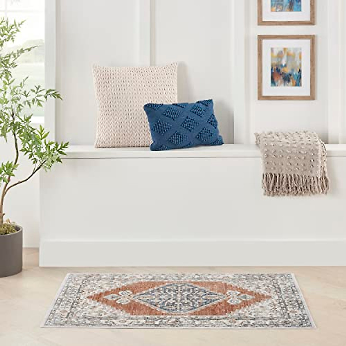 Nourison Astra Machine Washable Persian Grey/Orange/Multi 3'3" x 5' Area -Rug, Easy -Cleaning, Non Shedding, Bed Room, Living Room, Dining Room, Kitchen (3x5)