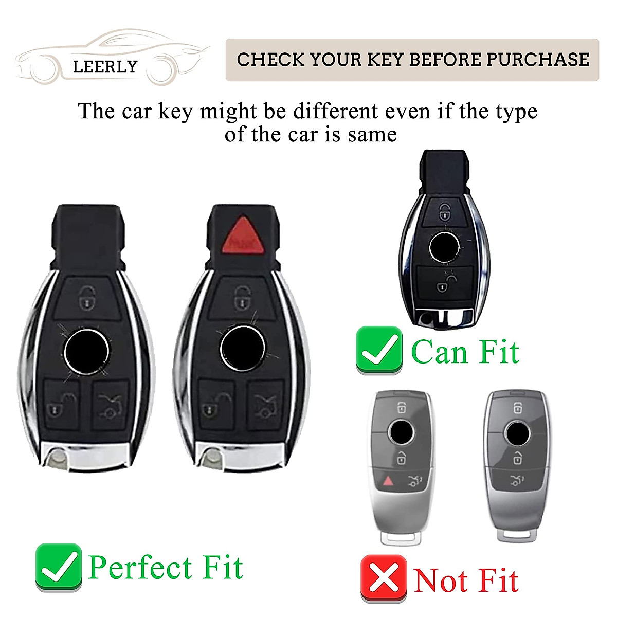 LEERLY Key Fob Cover for Mercedes Benz Accessories, Key Case with Key Chain Compatible with C E S M CLS CLK G Class Smart Key 3 Buttons white