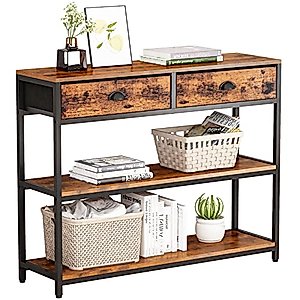 Furologee Console Table with 2 Drawers, Industrial Sofa Table, Entryway Table with 3-Tier Storage Shelves, Narrow Accent Table Metal Frame for Living Room/Entryway/Hallway, Rustic Brown