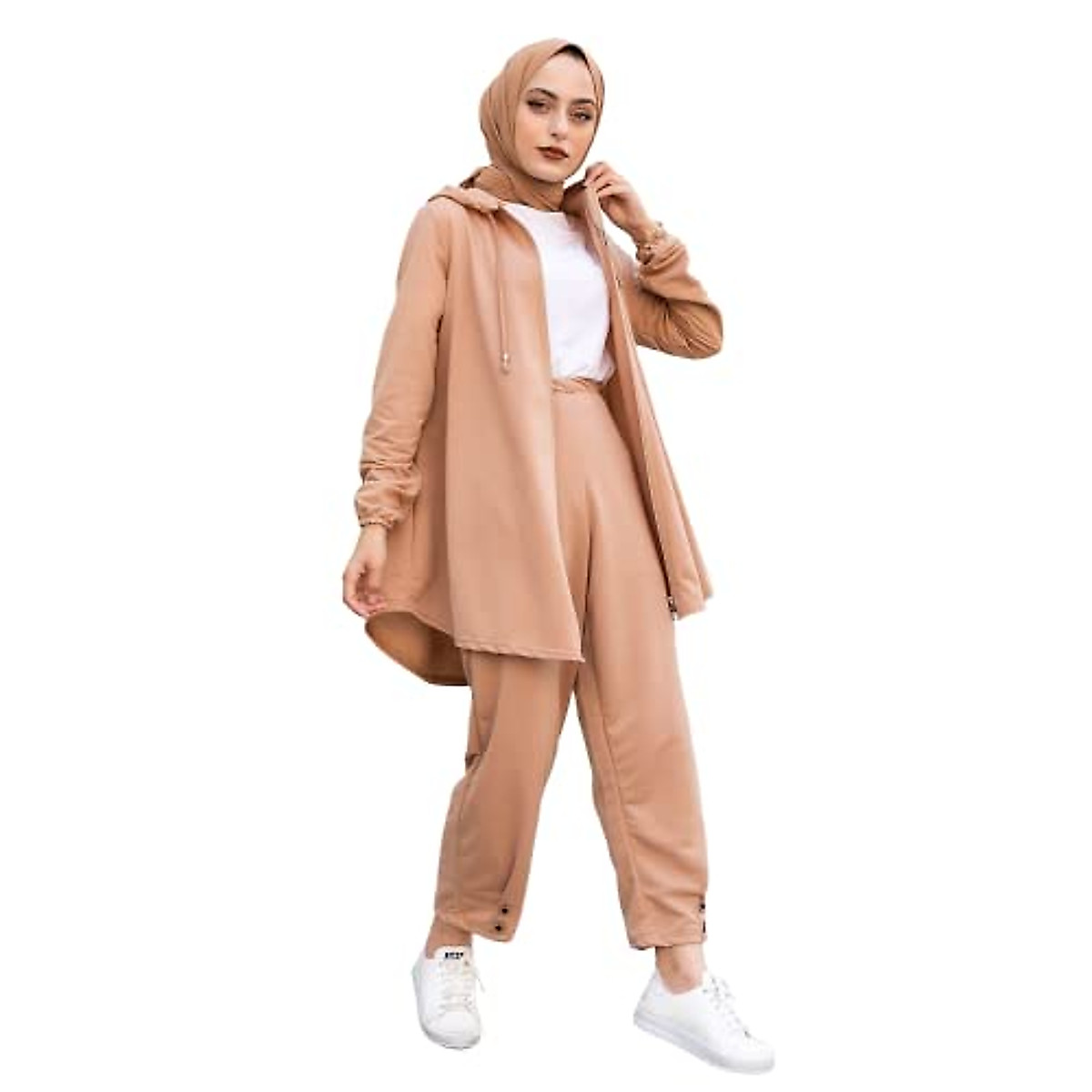 Salma's Apparel Women's 2-Piece Sweatsuits | Long Sleeve Zip Hoodie Sweatshirt with sweatpants | Muslims Track Suits for Women, Coffee with Milk