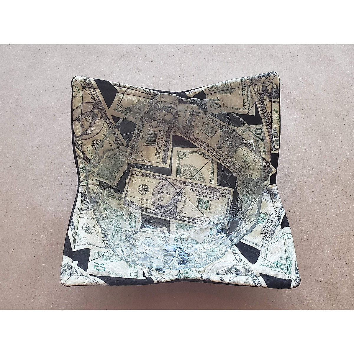 Money Microwave Bowl Cozy Cash Reversible Microwaveable Soup Potholder Bowl Buddy Dollar Bills Kitchen Linens Finance Econ Teacher Gifts Handmade Housewarming Hostess Gift Under 10